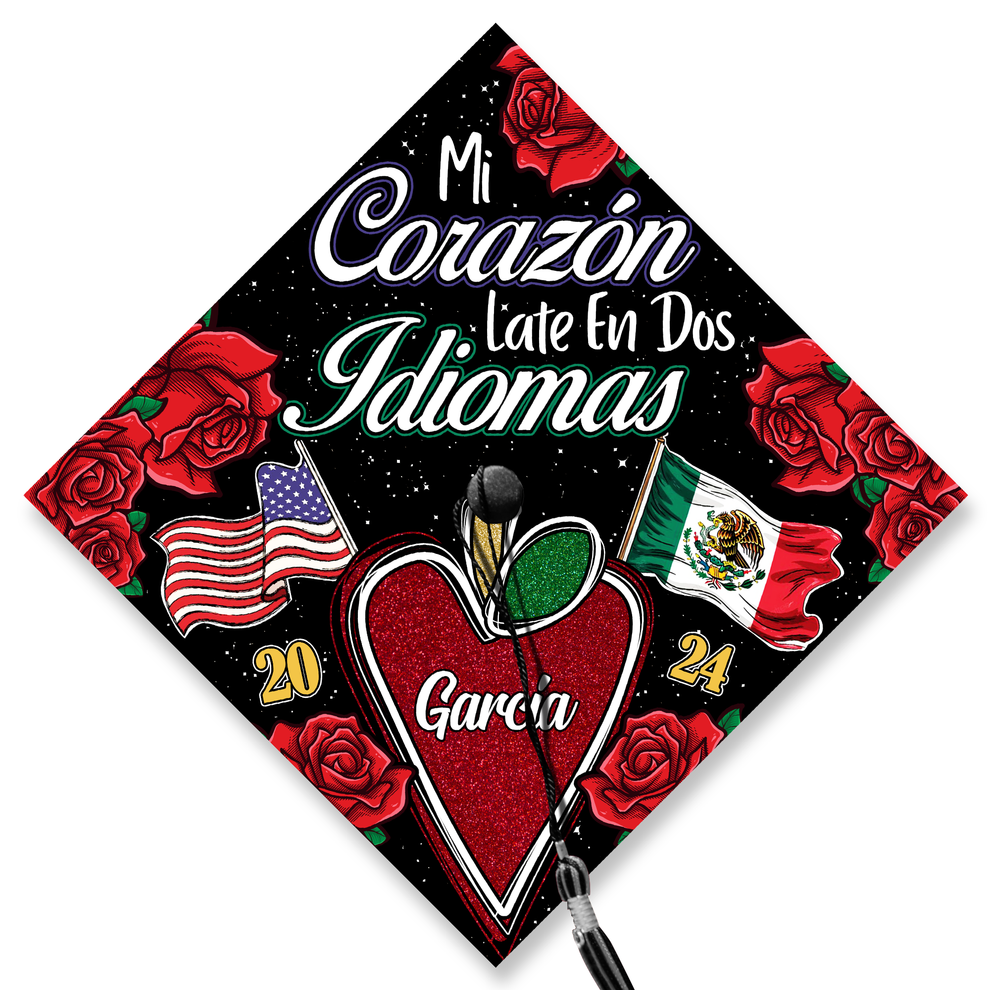 Bilingual Teacher Graduation Cap Topper, Mi Corazon Late en Dos Idioma ...